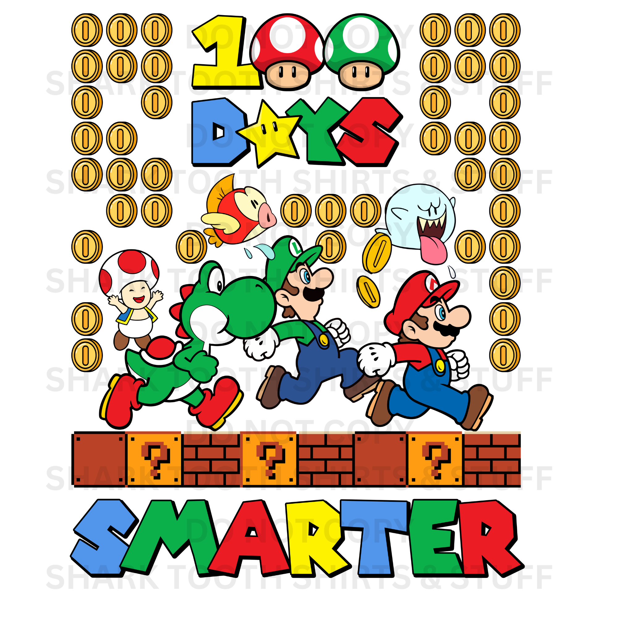 Mario 100 Days DTF Transfer – Shark Tooth Shirts & Stuff